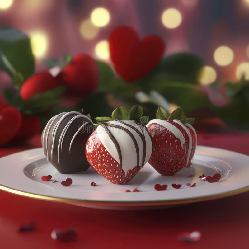 Three Strawberries Chocolate White Drizzle Plate Stock Photos - Free ...