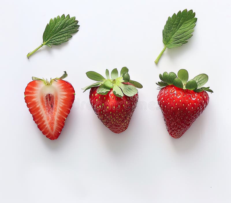 Three Strawberries are Sliced in Half on a Plain White Surface Stock ...