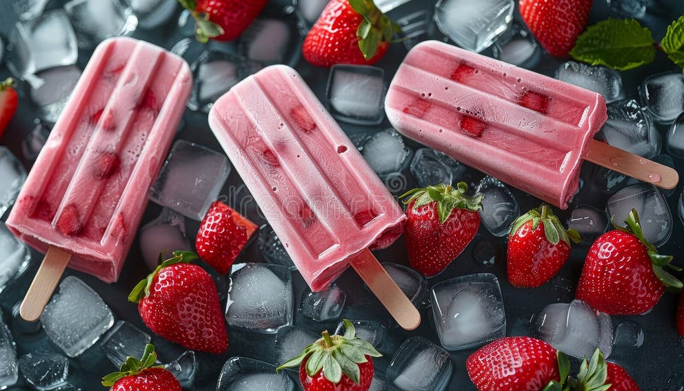 Three Strawberry Popsicles are Sitting on a Table with a Bunch of ...