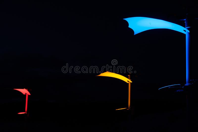 Three Street Lamps of Different Colors, Triangular Shape Stock Photo ...