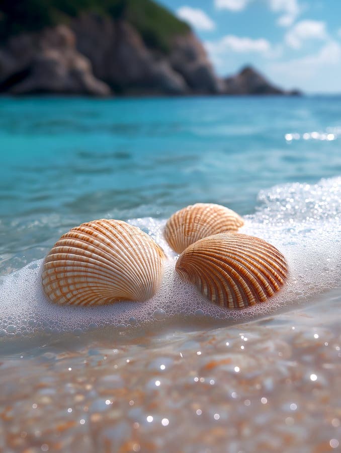 Three Striped Seashells Lie on a Sandy Shore, Partially Covered by Soft ...