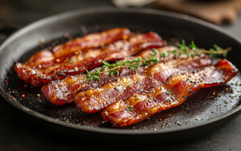 Three Strips of Bacon are on a Black Plate Stock Image - Image of plate ...