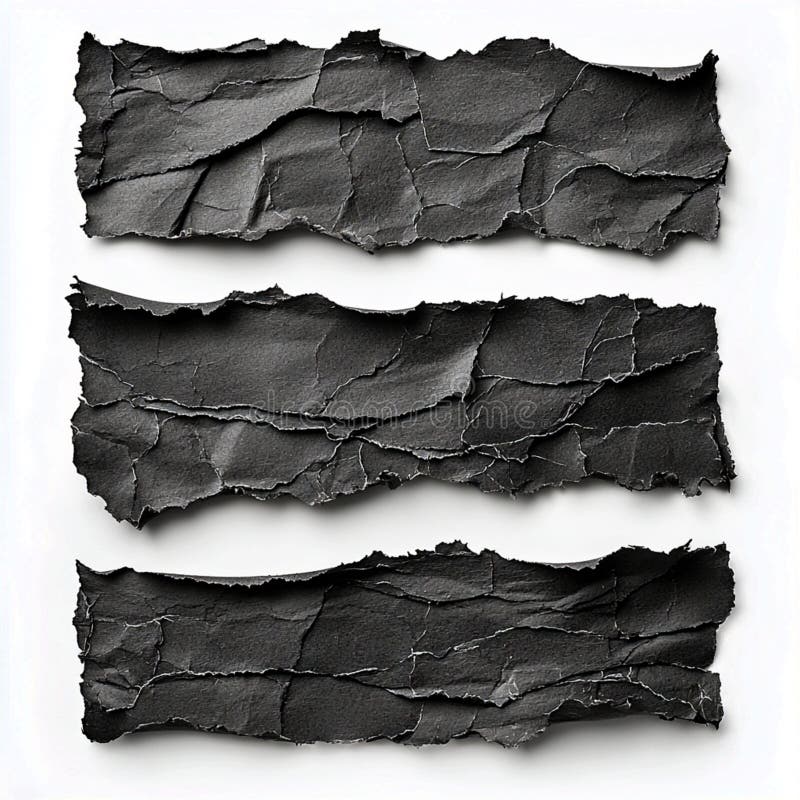Three Horizontal Strips of Crumpled Black Paper with Jagged Edges on a ...