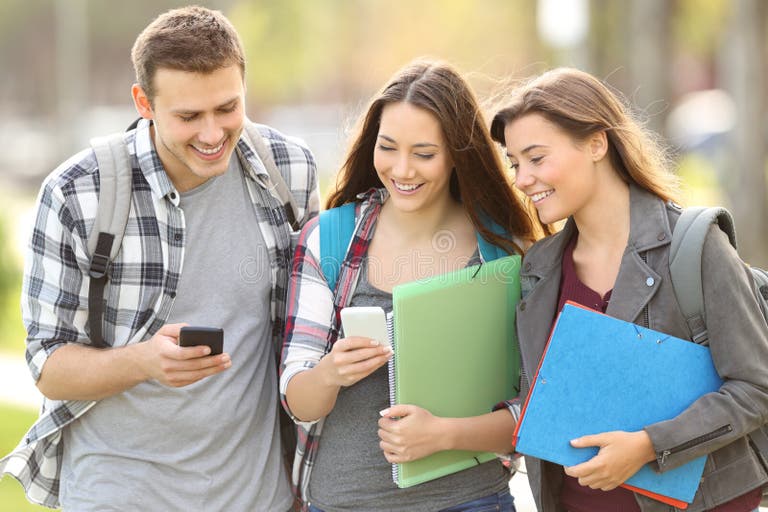Three Students Checking Smart Phones Stock Photo - Image of happy ...