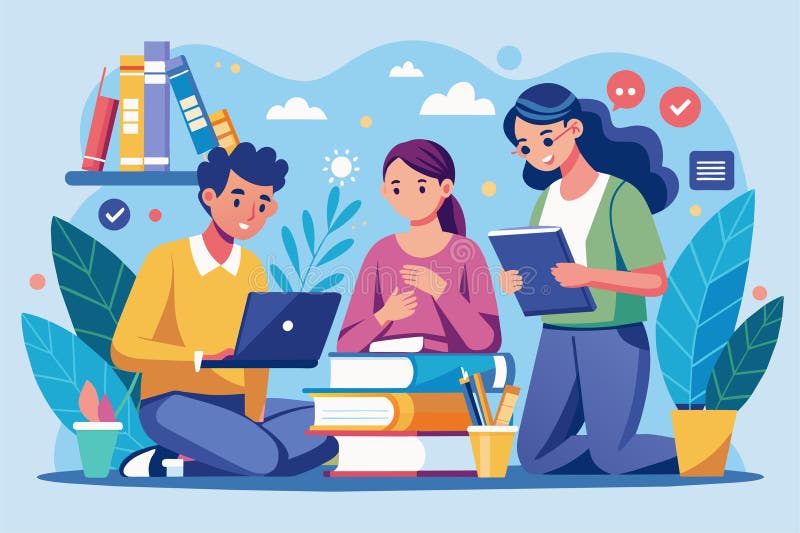 Three Students Collaborate on a Study Session Surrounded by Books and a ...