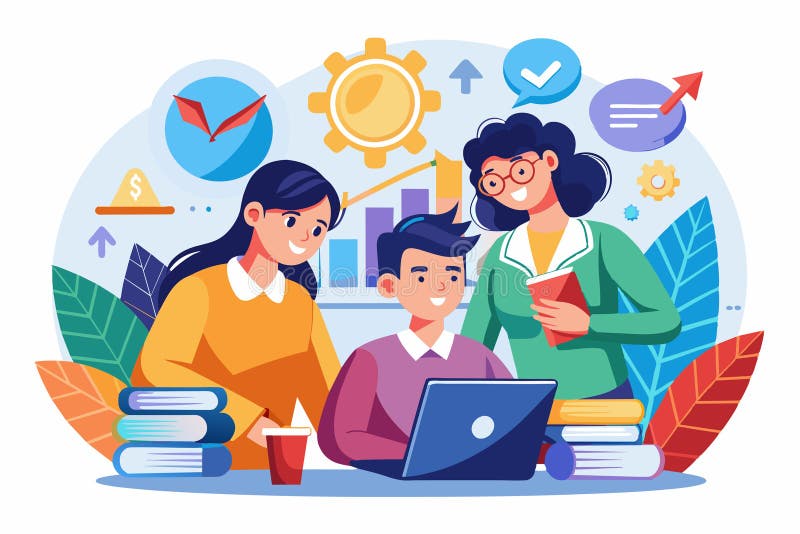 Three Students Collaborate while Studying Together, Engaging with a Laptop and Surrounded by ...