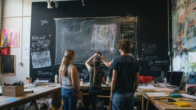 Three Students Collaborating on an Art Project in a Studio, Examining a ...