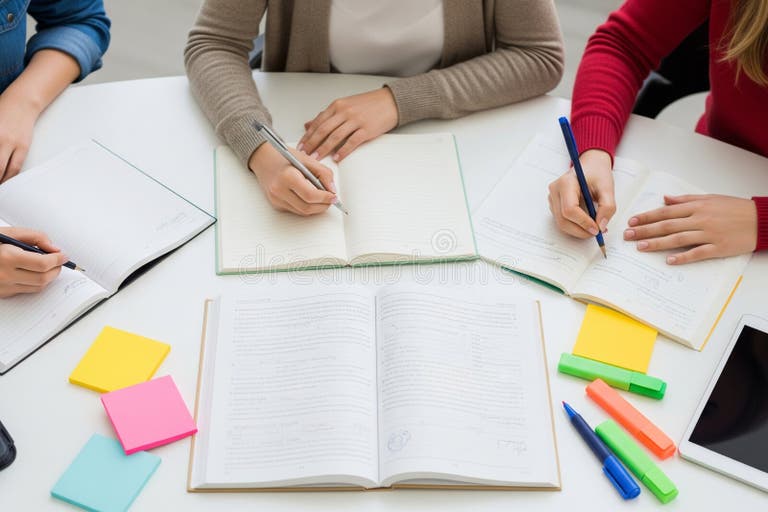 Collaborative Study Session: Overhead View of Students Taking Notes ...