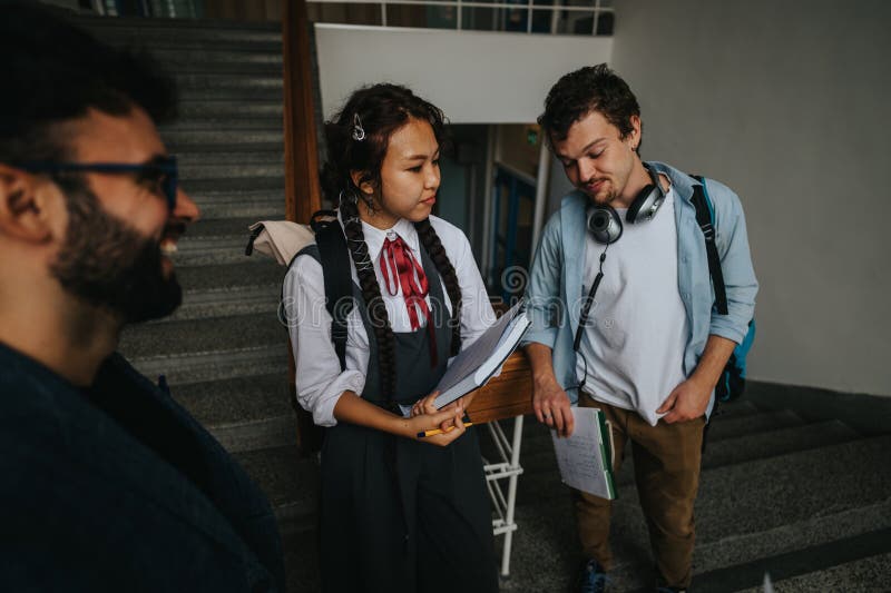 Three Students Discussing Notes on a Stairwell Stock Image - Image of ...