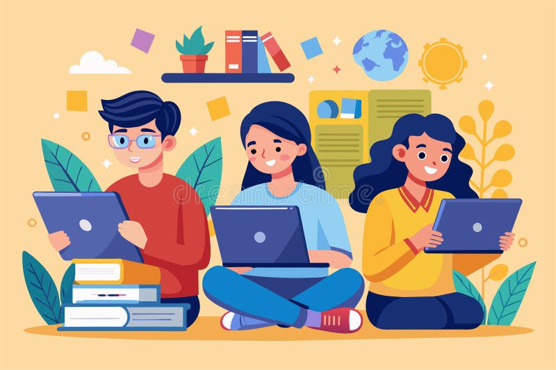 Three Students Engage in Focused Study Using Laptops among Books and ...