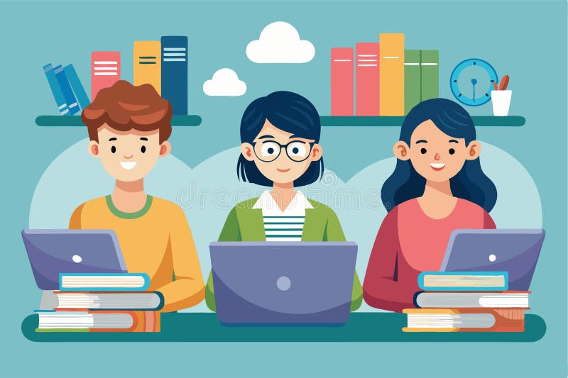 Three Students are Engaged in Study Sessions with Laptops, Surrounded ...