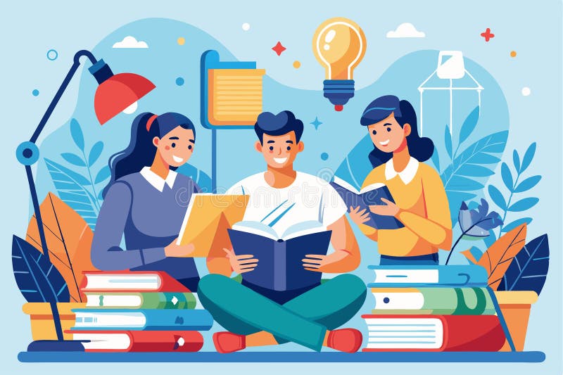 Three Students Engaged in Studying, Surrounded by Books and Warm ...