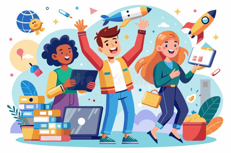 Three Students Express Joy while Engaging with Technology, Books, and ...