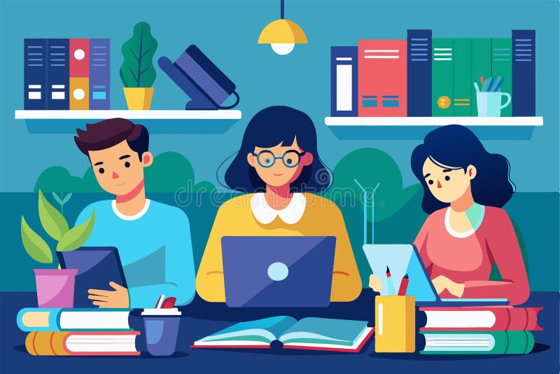 Three Students are Focused on Their Studies, Using Laptops and Tablets ...