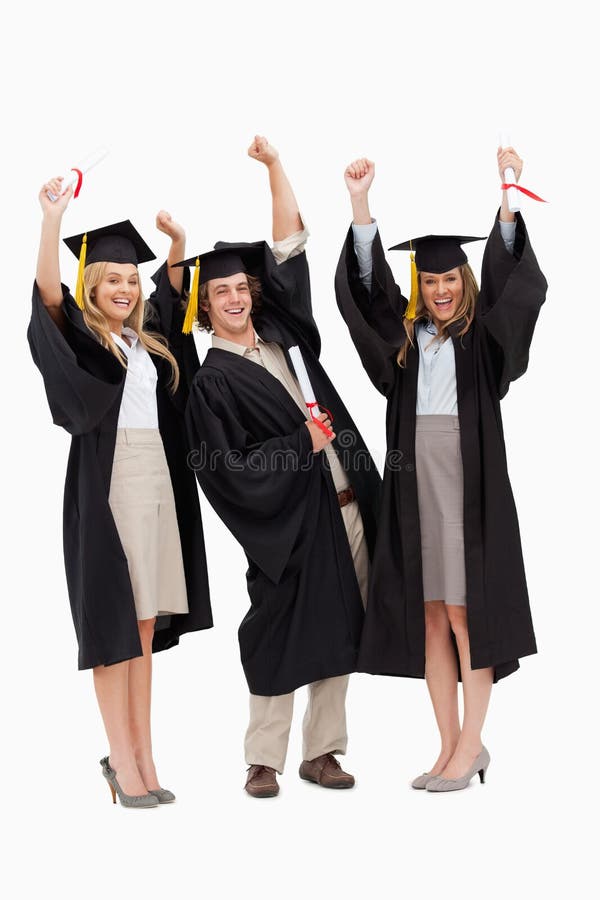 Three Students in Graduate Robe Raising Their Arms Stock Photo - Image ...
