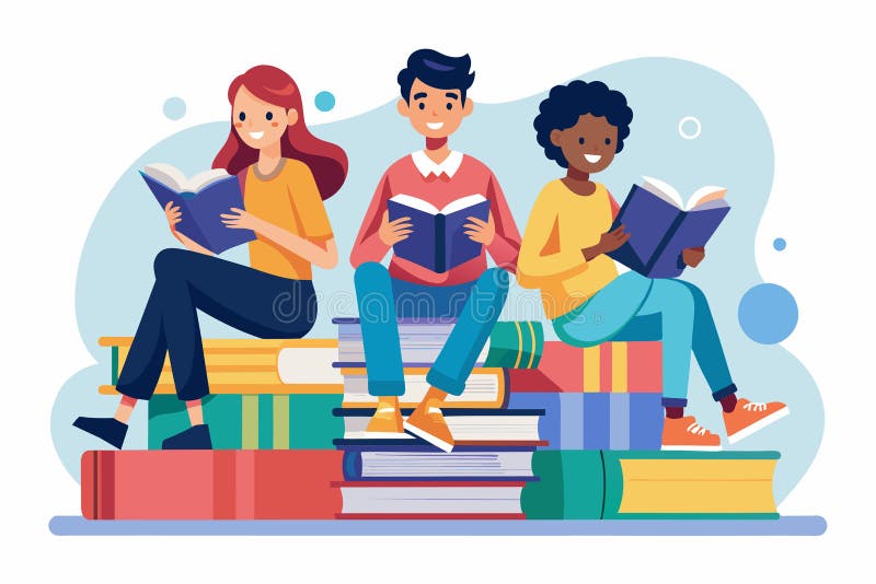 Three Students are Happily Reading Books while Sitting on Large Stacks ...