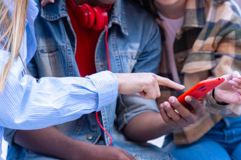 Three Students Having Fun with Mobile Phones Creating Content on Social ...