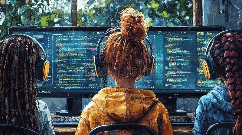 Three Students Learning Programming at Desktop Computers in a ...