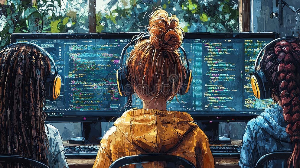 Three Students Learning Programming at Desktop Computers in a ...