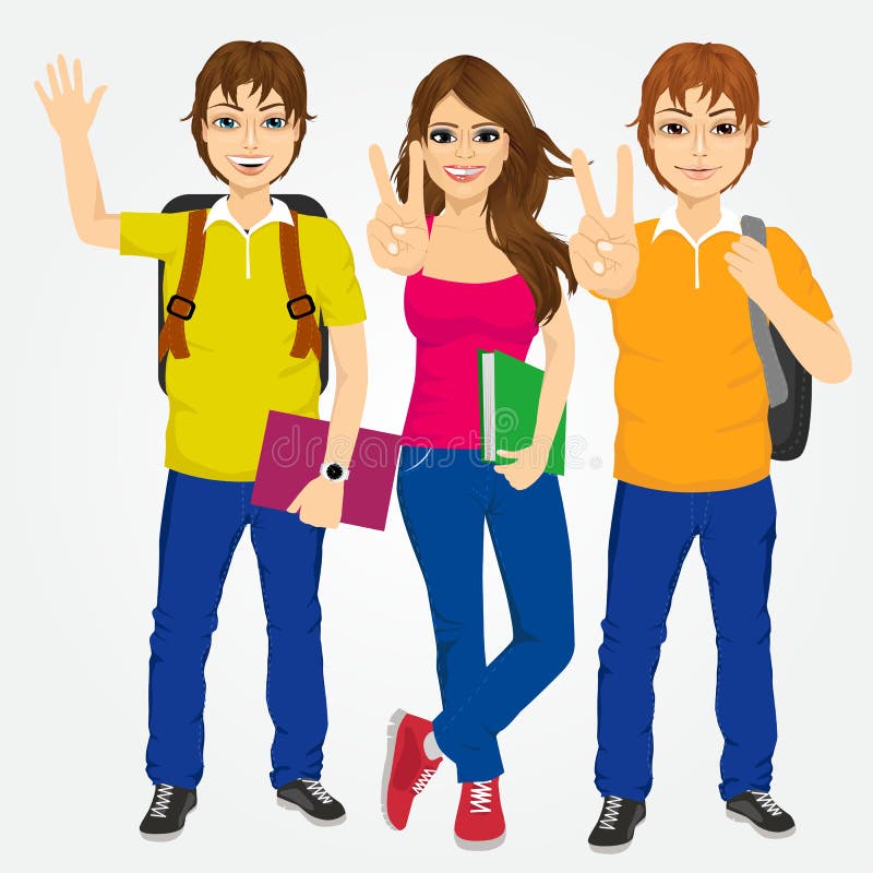 Three Students Making Victory Sign Stock Vector - Illustration of cool ...