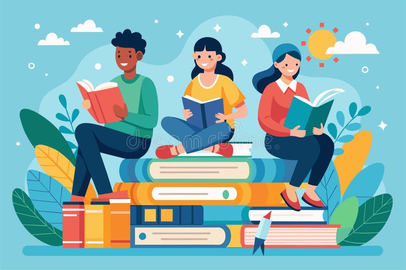 Three Students are Reading Books while Sitting Atop Stacks of Colorful ...
