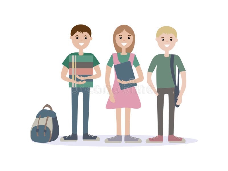 Three Students School Standing Together Holding Books and Backpack ...