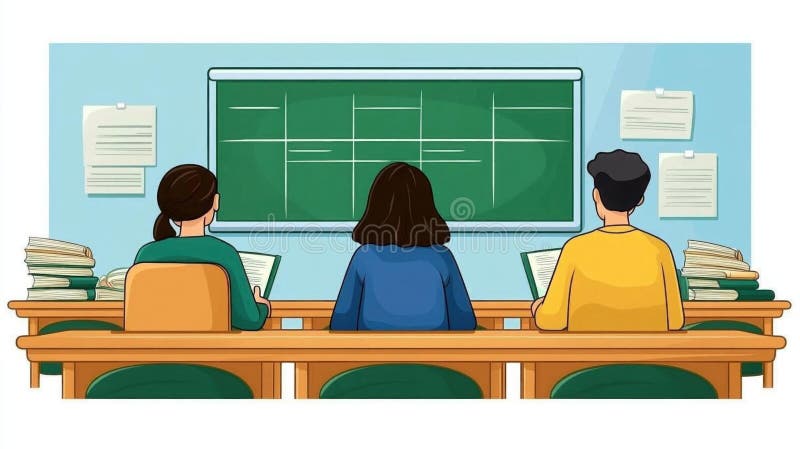 Three Students Sitting at Desks in a Classroom Studying Stock ...