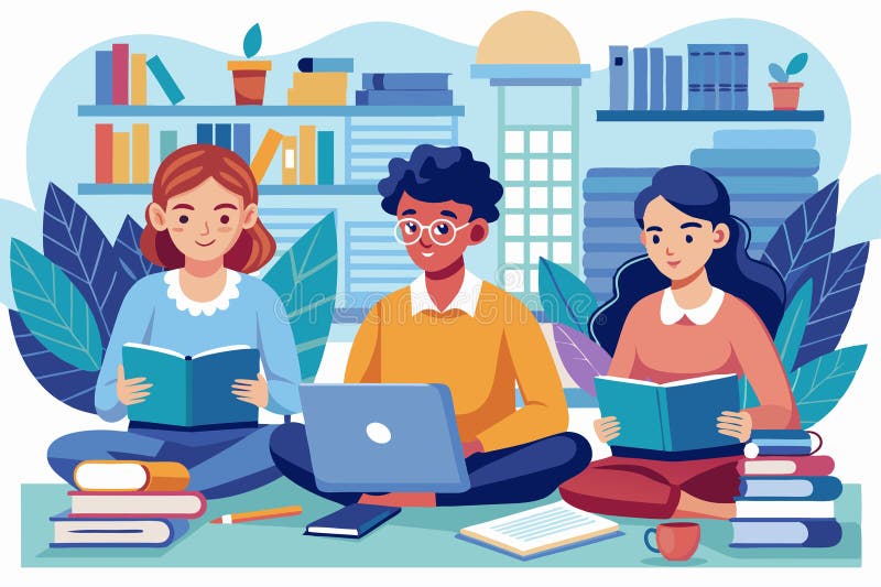 Three Students are Sitting on the Floor, Studying Together with Laptops ...