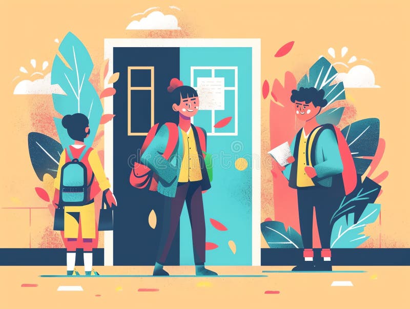 Three Students Standing in Front of a School Entrance with Backpacks ...