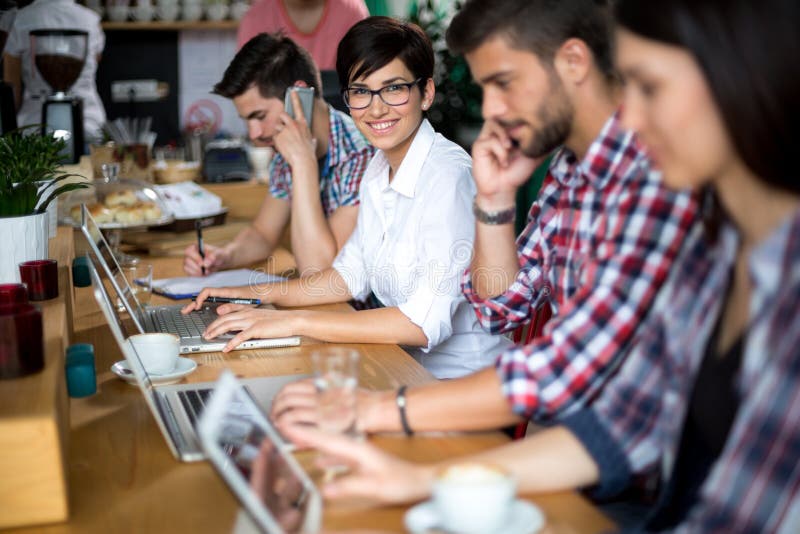 Three Students Studying at Coffee Stock Image - Image of mobile, drink ...