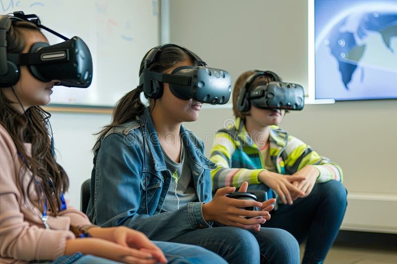 Three Students Wear VR Headsets while Participating in an Interactive ...