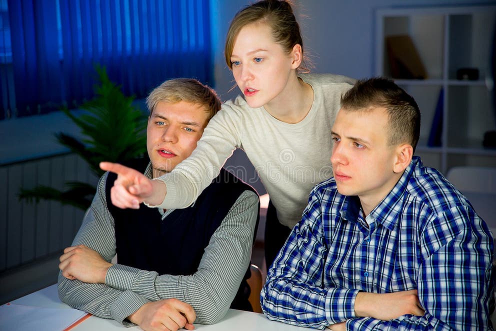 Three students work stock photo. Image of indoors, software - 89678450