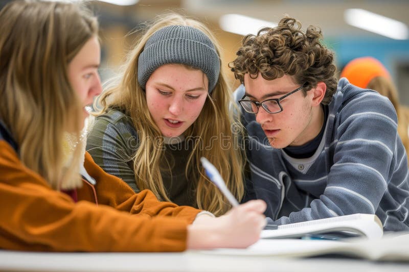 Three Students Work Together on a Group Project, Focused Intently on ...