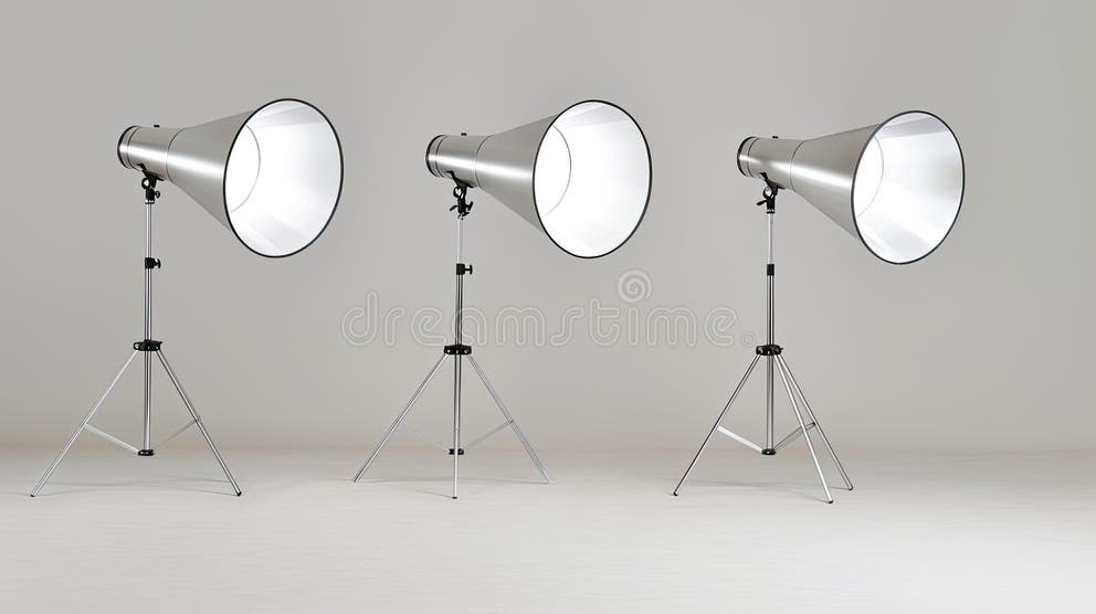 Three Studio Lights with Diffuser Reflectors are Mounted on Tripods and ...