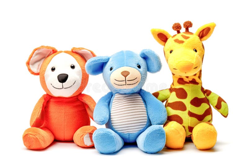Three Stuffed Animals, a Giraffe, a Blue Bear, and an Orange Bear Stock ...