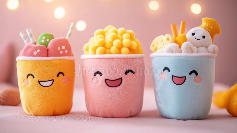 Three Stuffed Animals with Smiling Faces are Sitting on a Table Stock ...