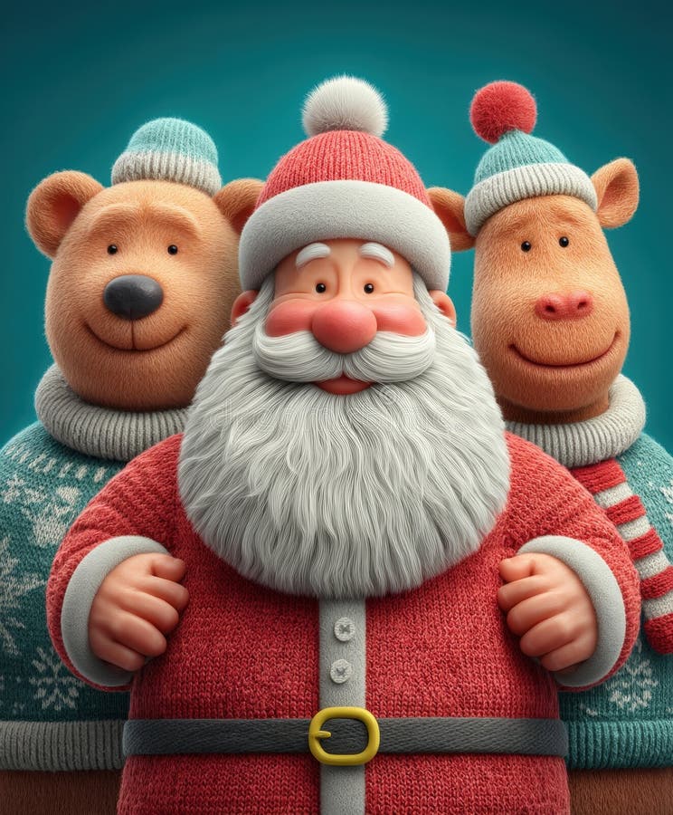 Three Stuffed Animals Standing beside a Santa Claus Figure Against a ...