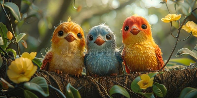 Three Stuffed Birds are Perched Together on a Tree Branch Stock Image ...