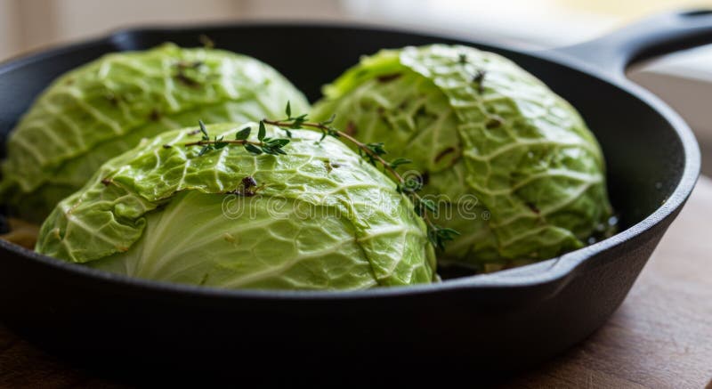 Three Stuffed Cabbage in Cast Iron Skillet Stock Illustration ...
