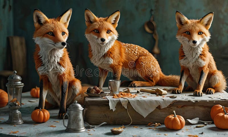 Three Stuffed Foxes are Sitting on a Table, with One of Them Having a ...