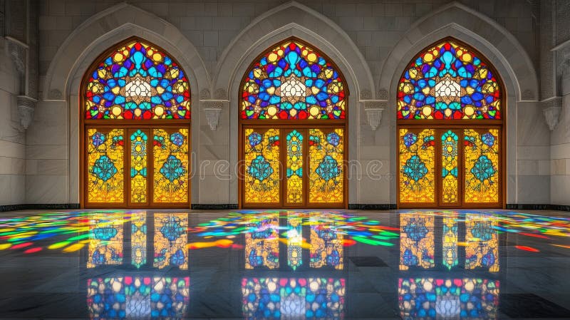 Three Stunning Stained Glass Doors Adorn Mosque Interior Stock ...