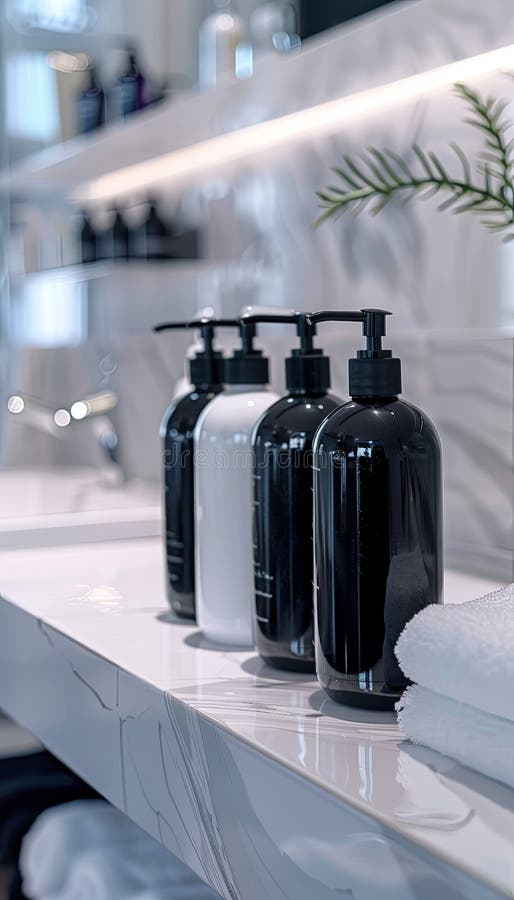Three Stylish Bottles of Shampoo and Conditioner on a White Bathroom ...