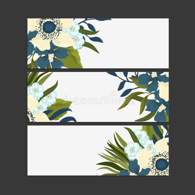 Three Stylish Floral Banners. Bright Romantic Cartoon Cards Stock ...