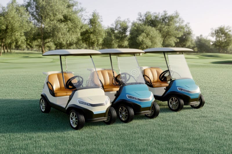 Modern Golf Carts Lined Up on a Lush Green Course Under Clear Skies at ...