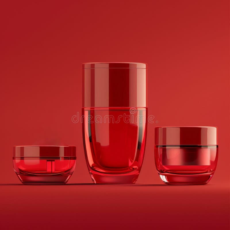 Three Stylish Red Cosmetic Containers are Displayed on a Vibrant Red ...