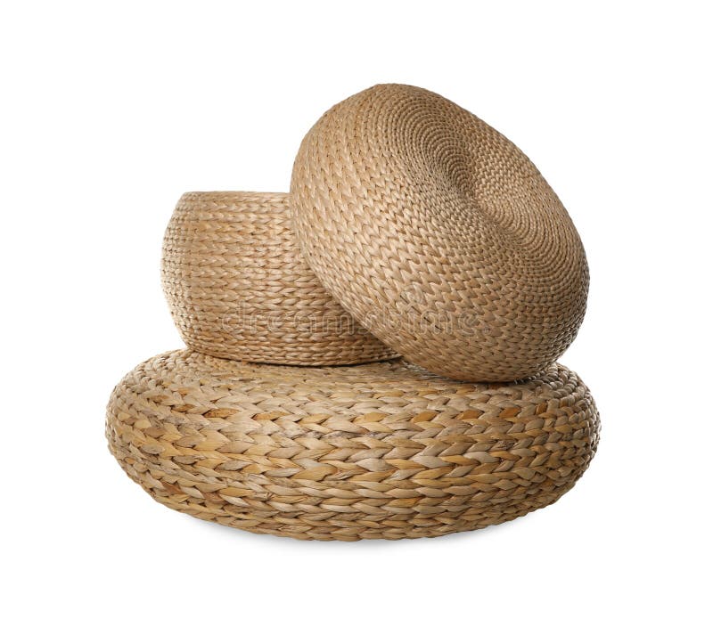 Three Stylish Wicker Poufs on White Background Stock Photo - Image of ...