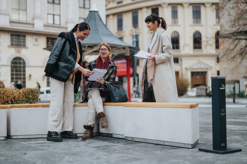 Three Women Collaborating Outdoors with Documents in a Vibrant City ...