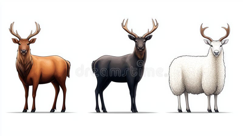 Three Stylized Animals Featuring Deer and Sheep Designs Stock ...