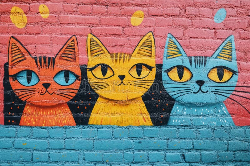 Three Stylized Cats Painted on a Colorful Brick Wall Stock Image ...