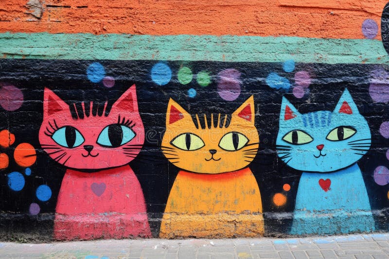 Three Stylized Cats Painted on a Colorful Brick Wall Stock Photo ...